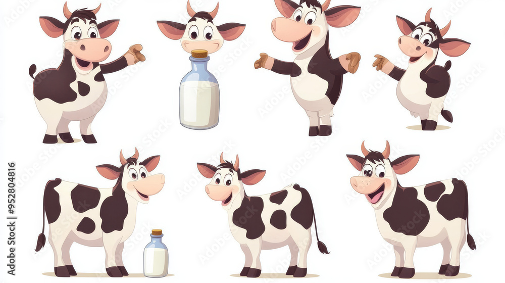 This illustration showcases a playful cow cartoon character in various ...