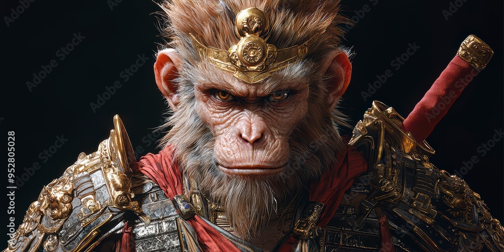 Anthropomorphic monkey king in armor with weapons on a black background ...