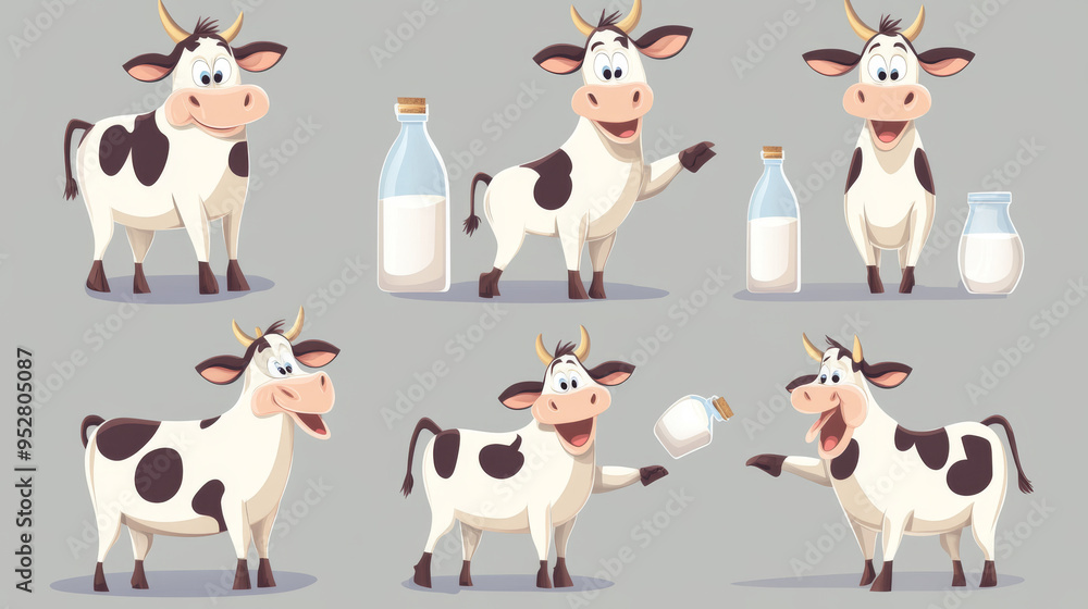 This illustration showcases a playful cow cartoon character in various ...