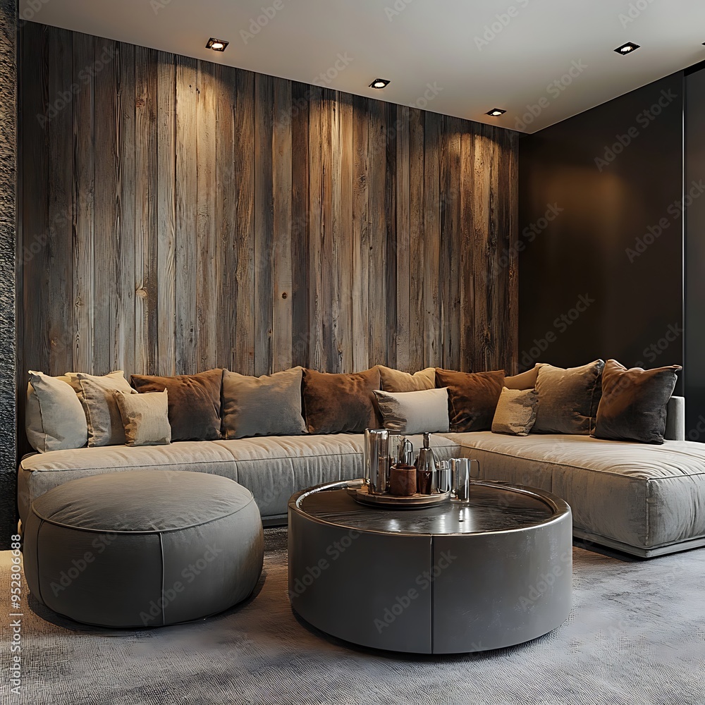 Loft interior design of modern living room with barn wood paneling wall ...