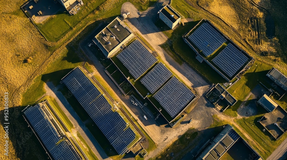 An aerial view of a modern military base with solar panels on the ...