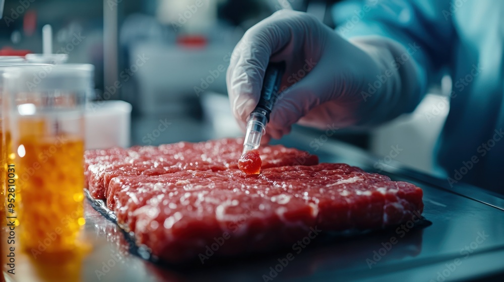 lab-grown meat production, a biotechnicians hand carefully cultivating ...