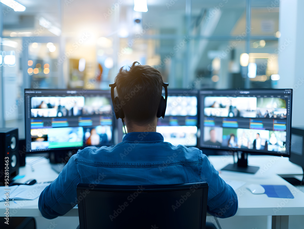 Man Sitting at a Desk Working on Three Monitors as a Video Editor ...