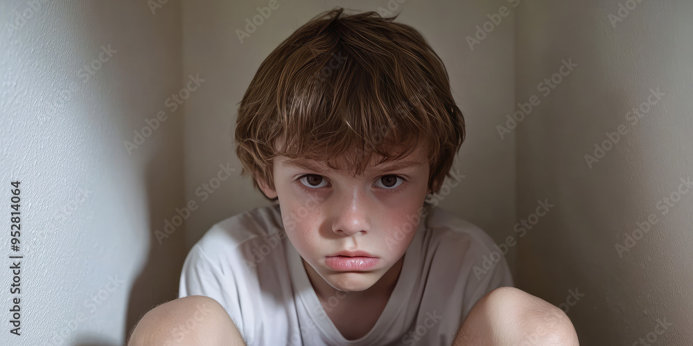 Sad child boy sitting in the corner of the room as punishment for ...