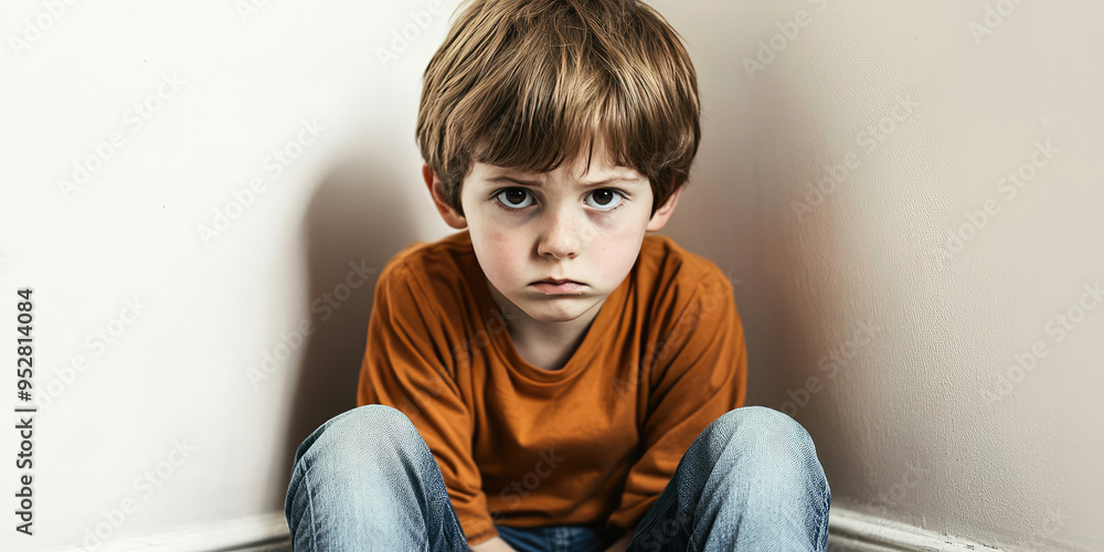 Sad child boy sitting in the corner of the room as punishment for misbehavior Stock Photo ...