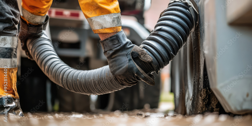 Worker connects a suction hose to a sewage tanker truck. Septic tank ...