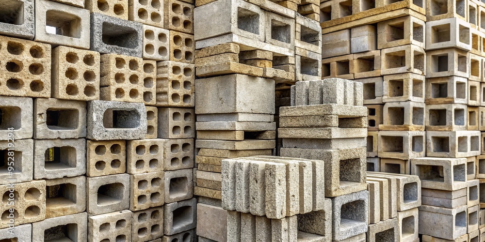 Stacked concrete hollow blocks of various sizes, with rough, porous ...