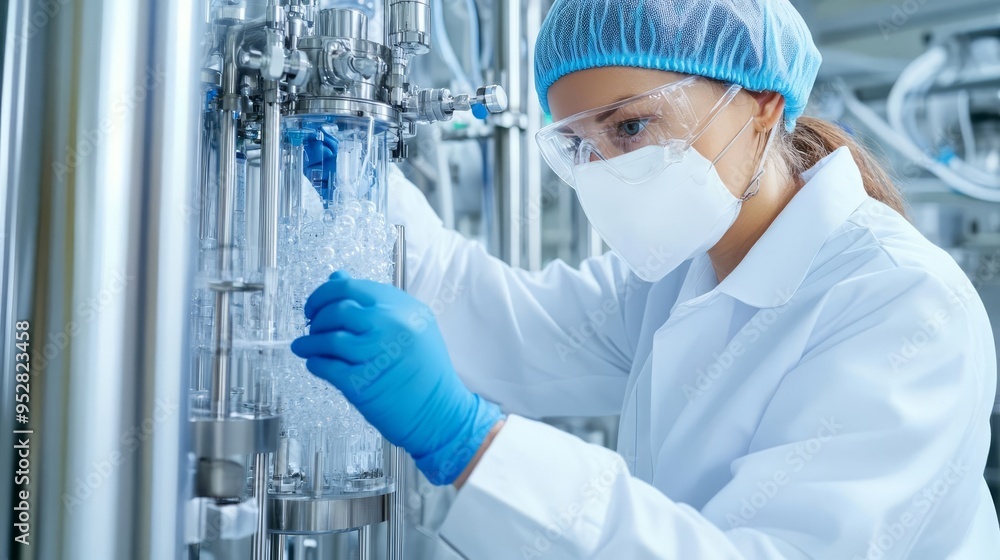 Biopharmaceutical engineer scaling up drug production in a bioreactor ...