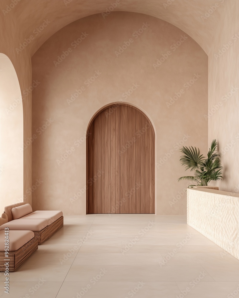 Elegant Luxury Hotel Lobby with Arched Wooden Door and Minimalist Decor ...