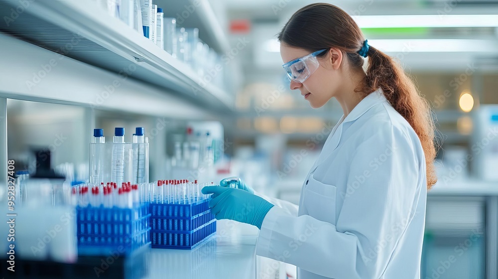 Lab technician using electrophoresis for protein analysis in drug ...
