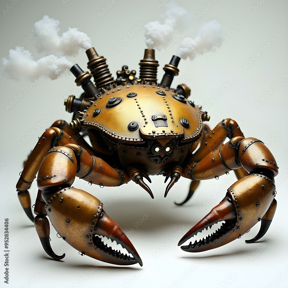 A crab with a hardened, brass exoskeleton, featuring riveted joints and ...