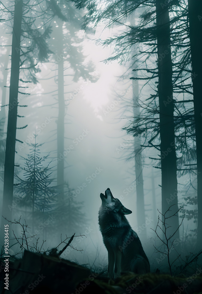 A gray wolf howls in the forest. Vertical background concept about wild ...
