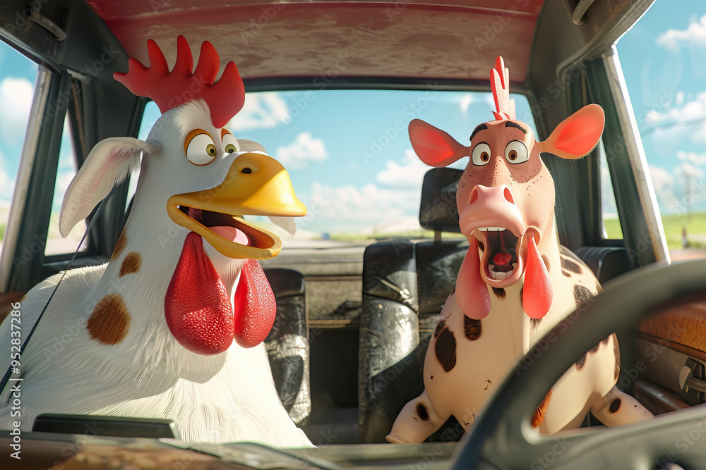 Animated chicken and cow panicked in a car, humorous and dynamic ...
