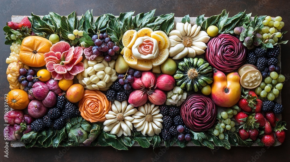 visually stunning food art piece featuring intricately carved fruits ...