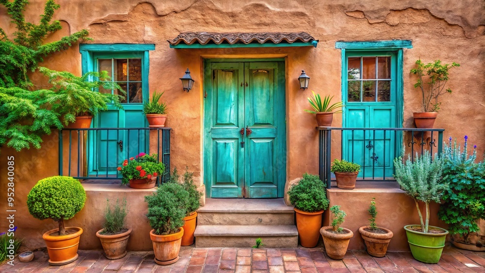 Vibrant turquoise doors and railings adorn a rustic adobe balcony ...