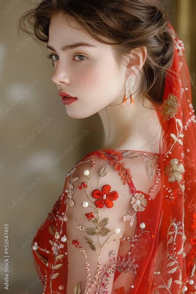 graceful woman in traditional attire, delicate features enhanced by ...