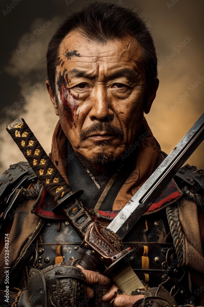 weathered samurai with deep battle scars stands resolute, holding ...
