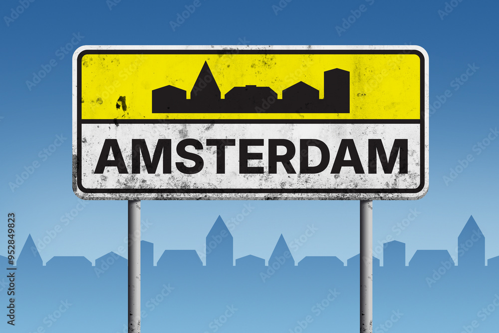Vintage road sign of Amsterdam with black urban skyline silhouette ...
