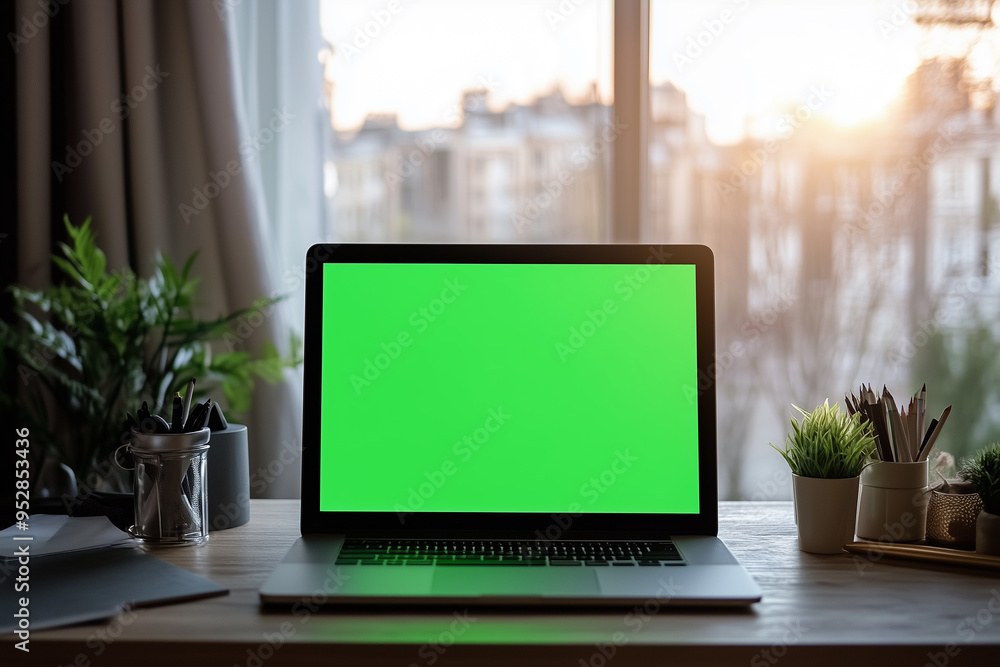 Sunny Indoor Workspace with Green Screen Laptop. Home office setup with ...