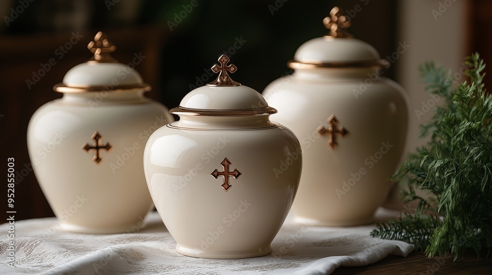Ivory Cremation Urns with Cross Symbol, Set on a Softly Draped Table ...