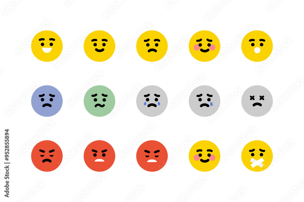 Happy, sad, angry, tired, shy emoji face emoticon set. Round emoji with ...