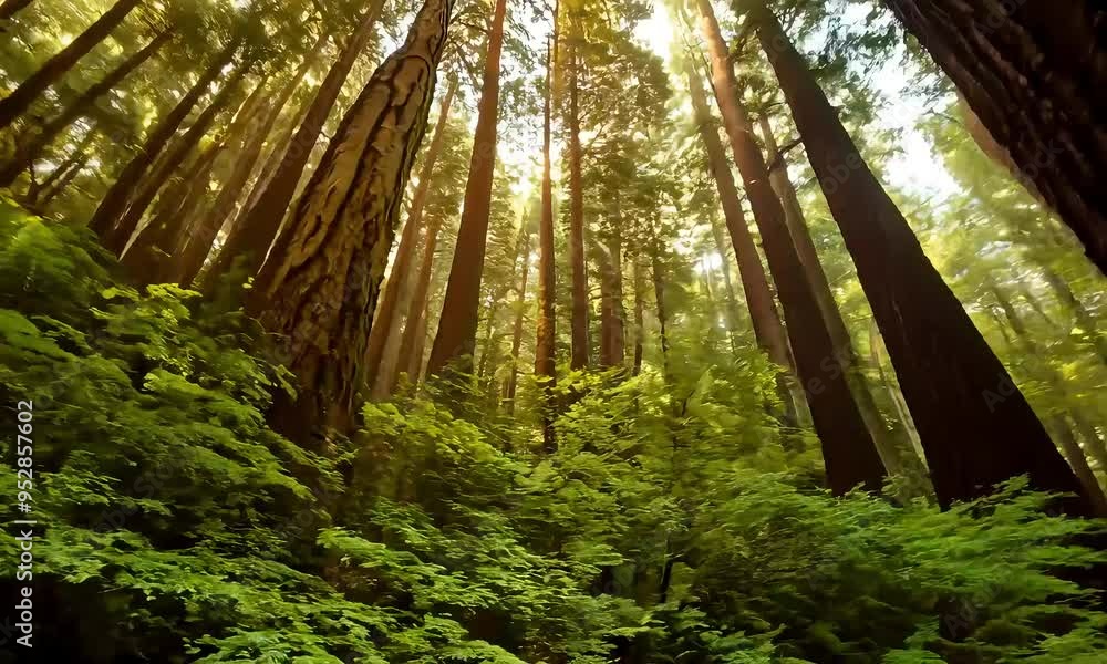 Majestic rainforest redwood forest with towering trees, captured in a ...