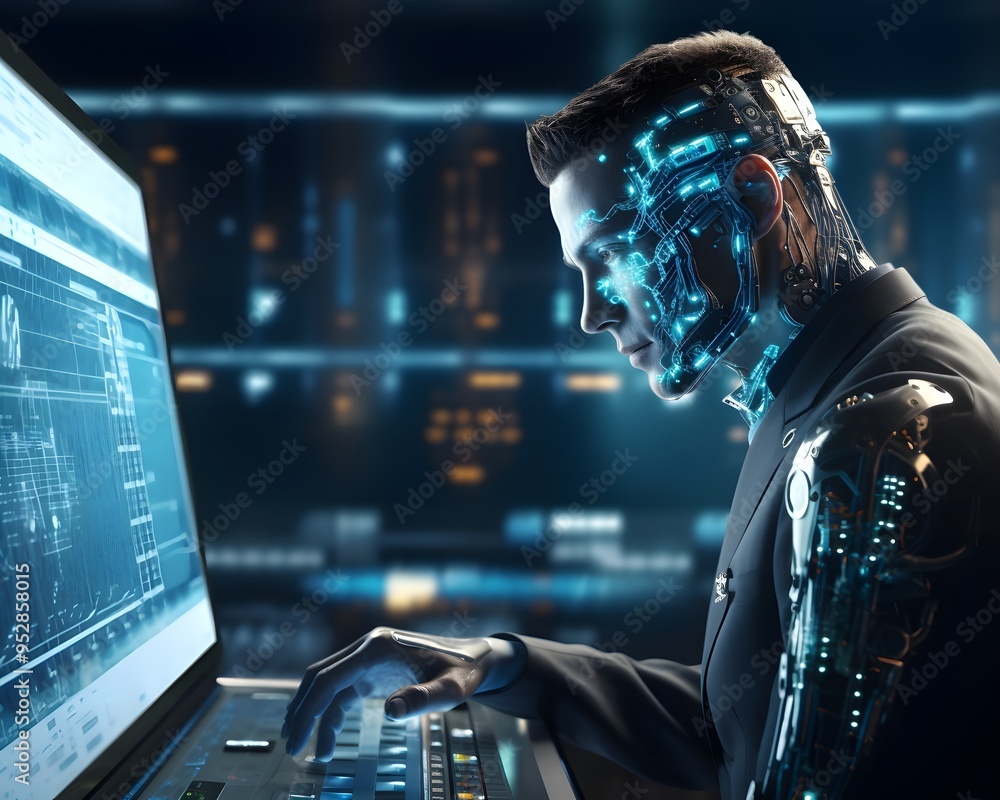 A highly advanced humanoid robot, illuminated by cool blue lights ...