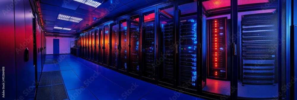 The interior of a secure server room features multiple locked server ...