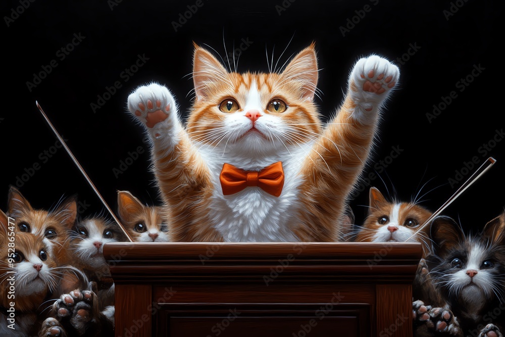 Cat musician conducting an orchestra, depicted in an artwork where the ...