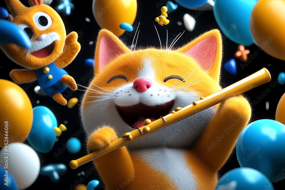 Cat musician entertaining children at a colorful puppet show ...