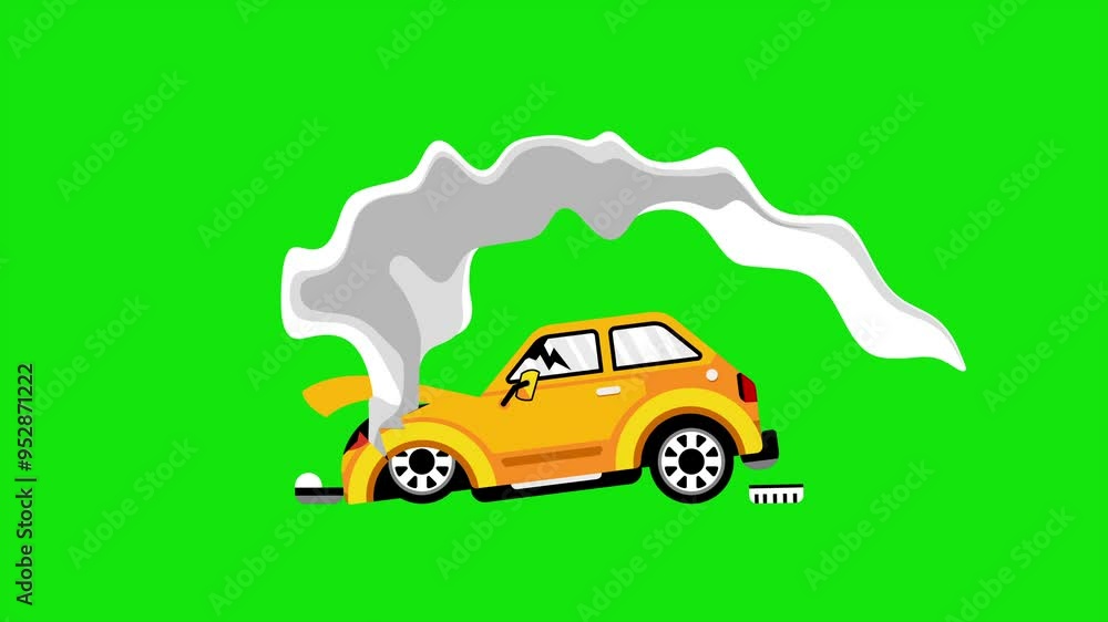 Cartoon car crash animation. Car smoking after accident. Chroma key. 4K ...