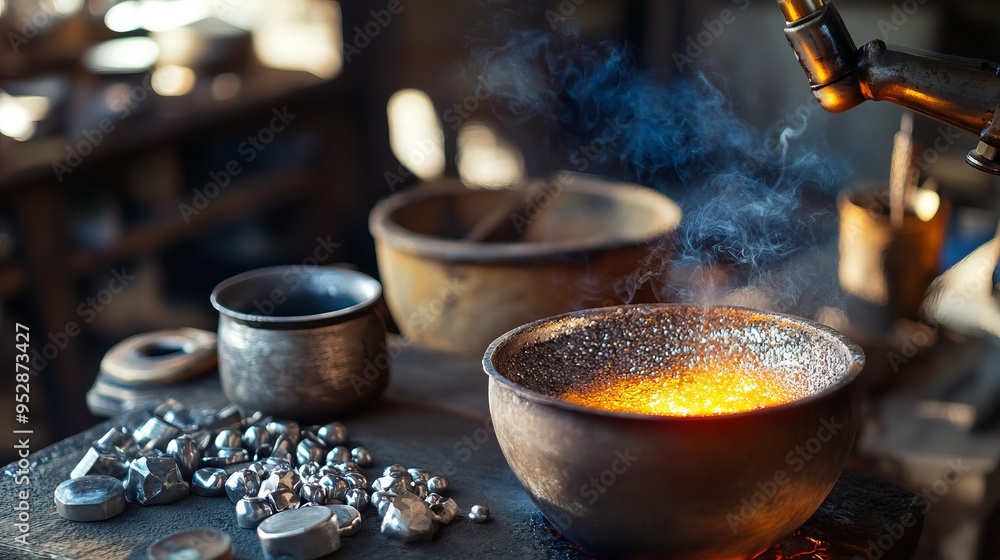 Heated to red-hot melting point by a blowtorch, pure silver in a ...