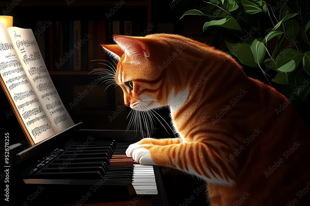 Cat musician playing a piano in a cozy room, illustrated in a charming ...