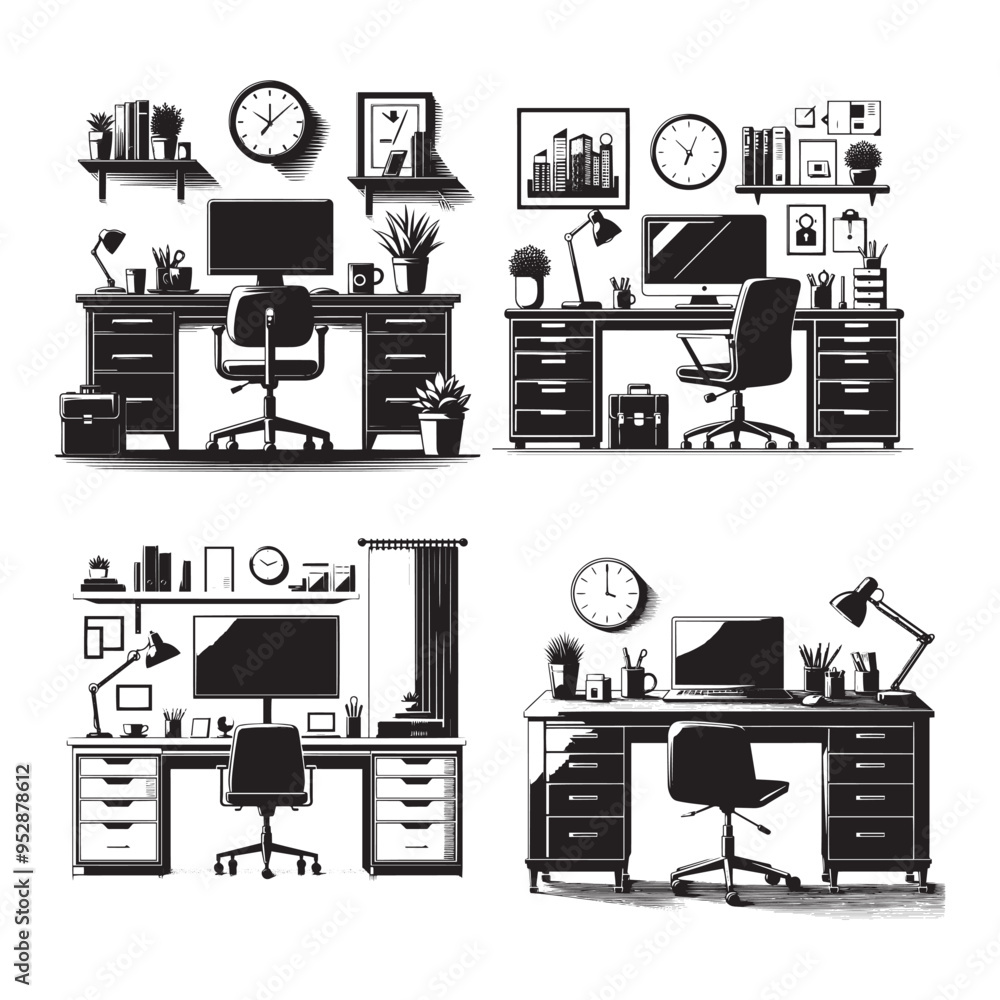 Vector Office Desk Silhouette Set, Office Desk Silhouettes in Black and ...