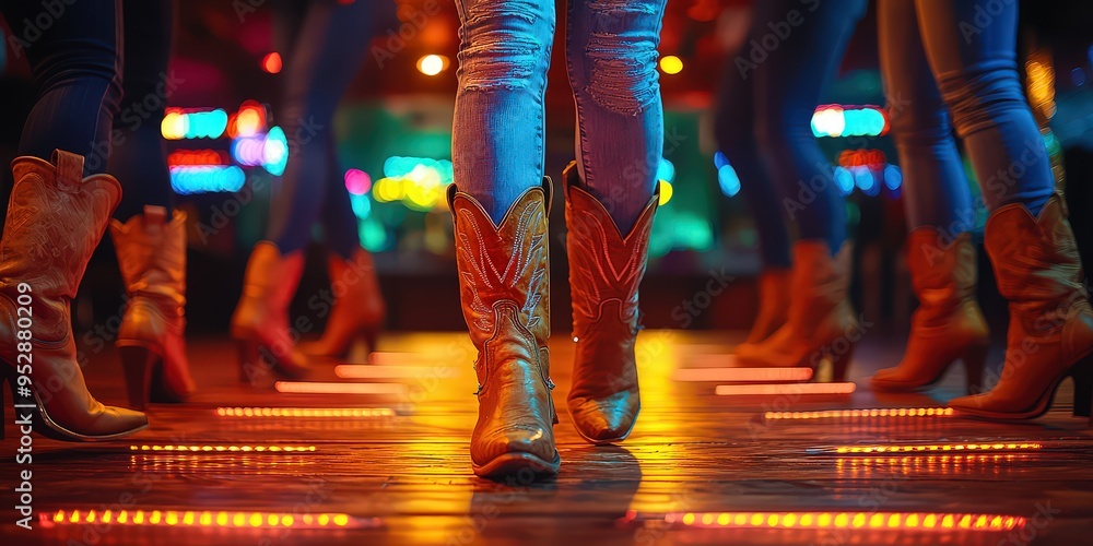 Close-up of women wearing jeans and cowboy boots dancing at a country ...