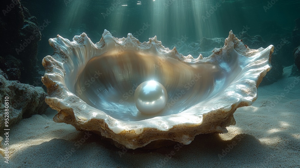 Open giant clam shell resting on the ocean floor reveals a large ...