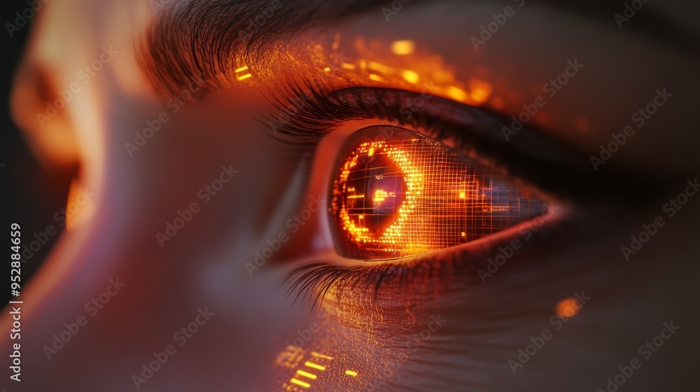 Eye close-up with smart contact lens integrating digital and biometric ...