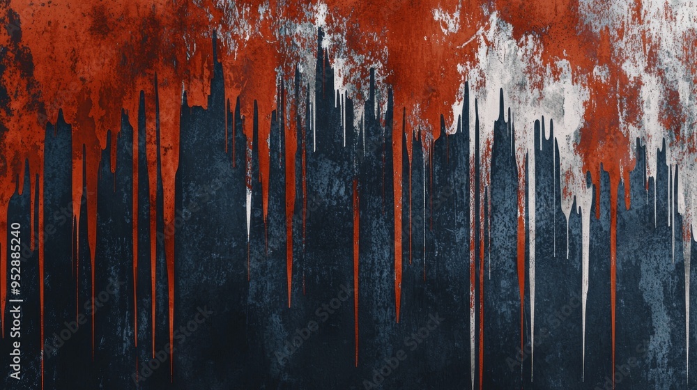 Blood-like paint dripping down a grunge wall, creating a distressed and ...