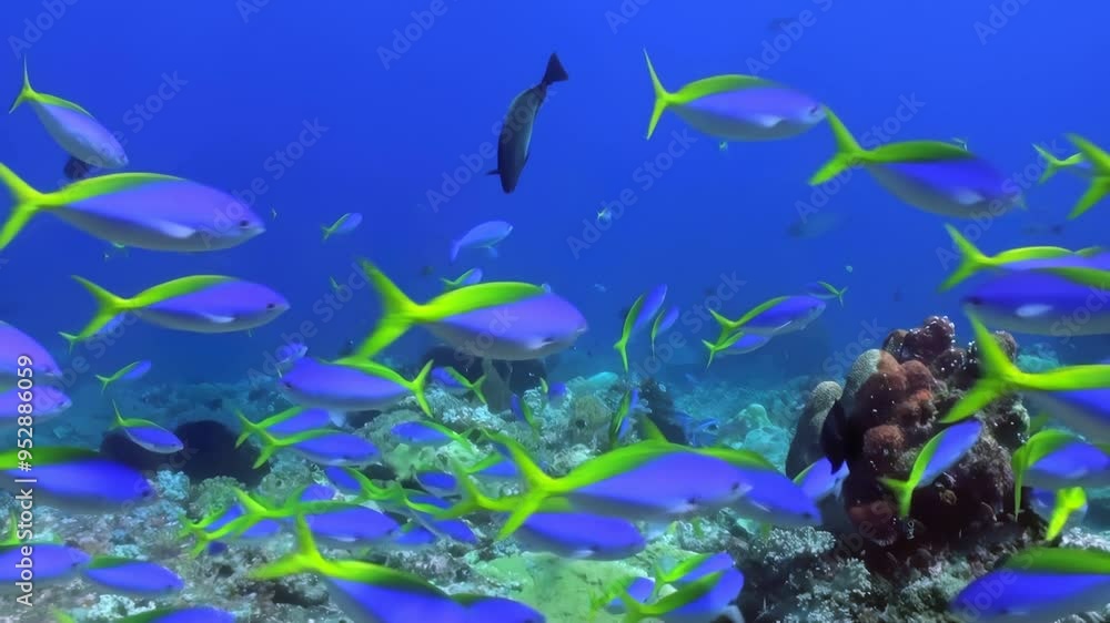 Underwater landscape boasts remarkable coral reef inhabited by blue and ...