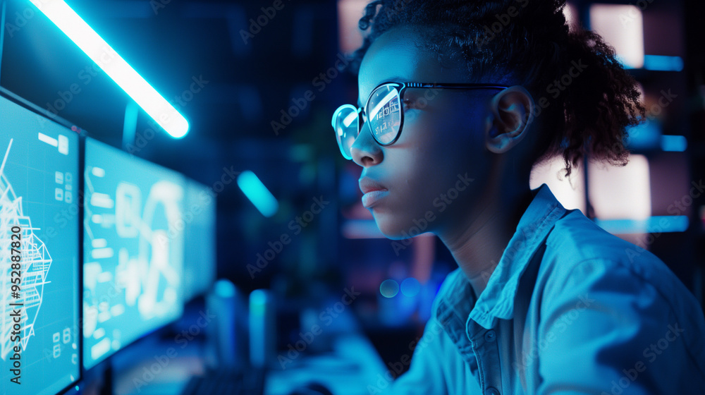 Inclusive education concept. Black school pupil studying IT at computer ...