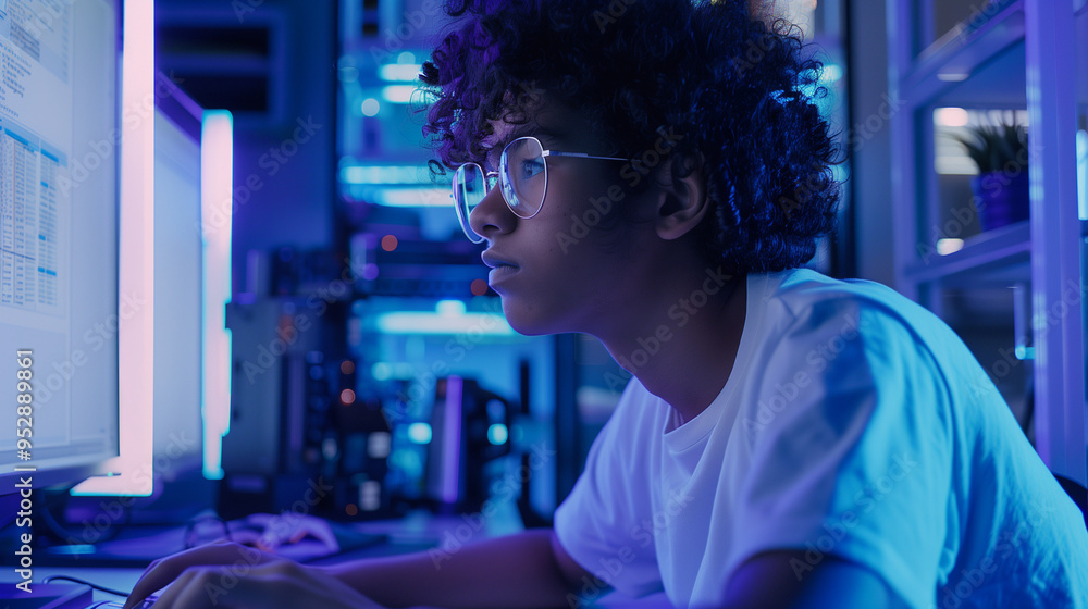 Inclusive education concept. Black school pupil studying IT at computer ...