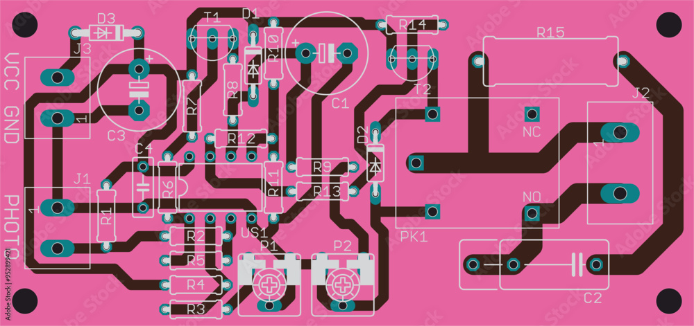 Vector printed circuit board of an electronic device with components of ...
