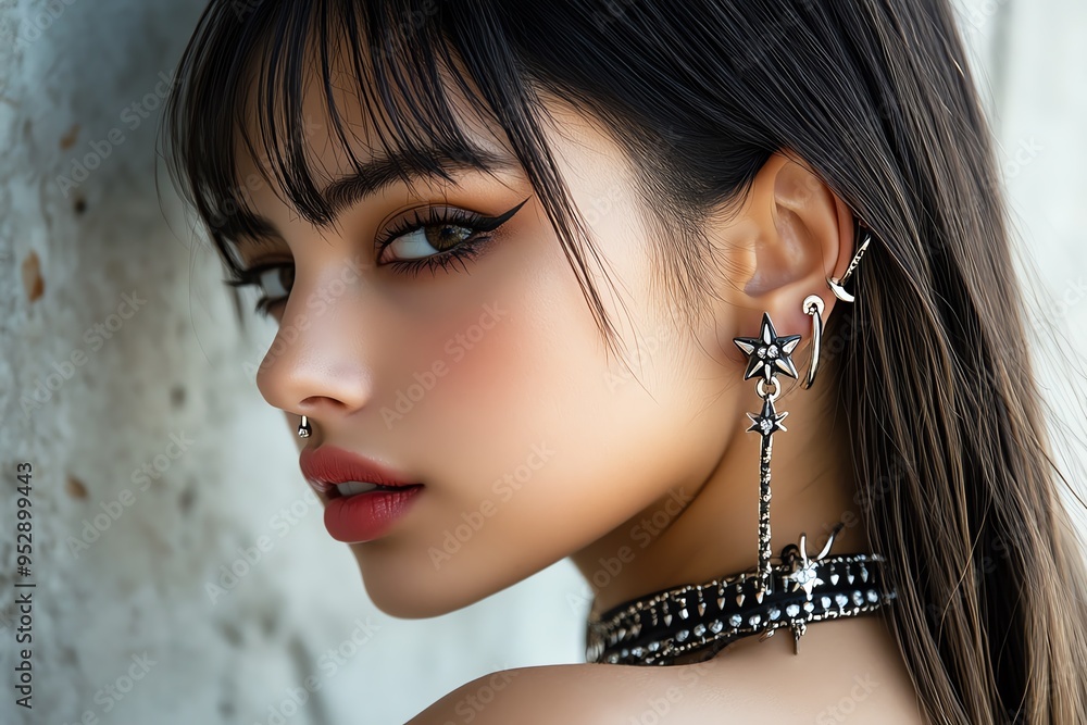 Ear piercing with an asymmetrical design, captured in a photo where one ...