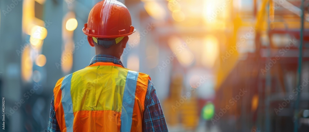 Back view of a worker wearing a safety vest and hard hat, standing on a ...