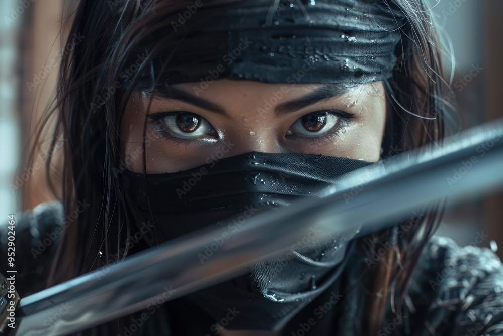 Female model in an assassin costume with a sword, posing in a studio ...