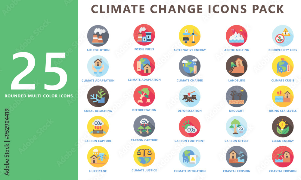 Climate change rounded icon set, contain pollutions, alternative energy ...