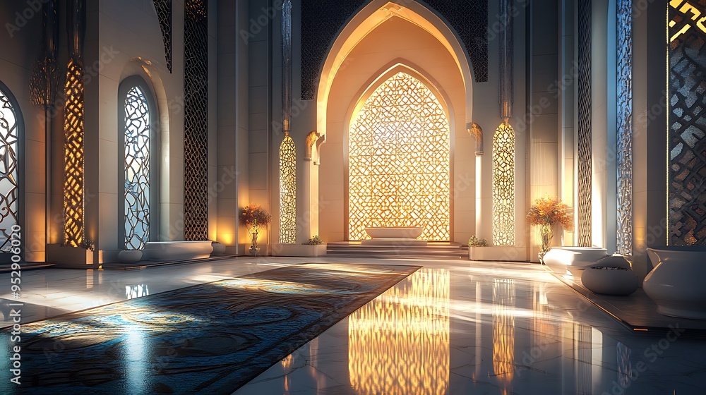 Interior of a grand Islamic-inspired building with intricate lattice ...