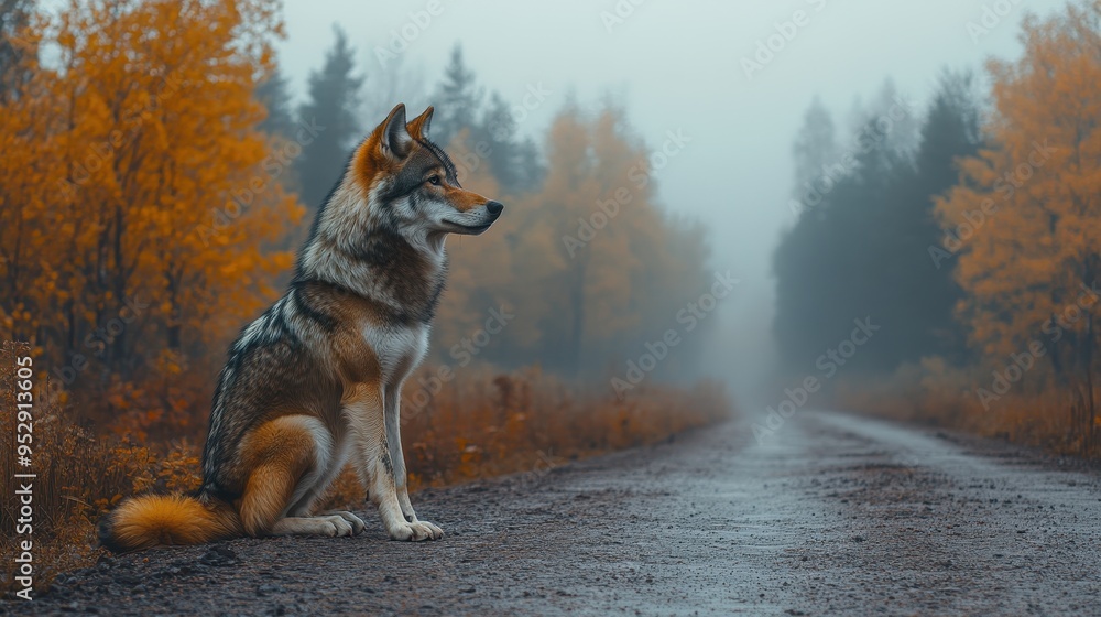 Wolf Sitting on a Road in an Autumn Forest with Foggy Weather – Yellow ...