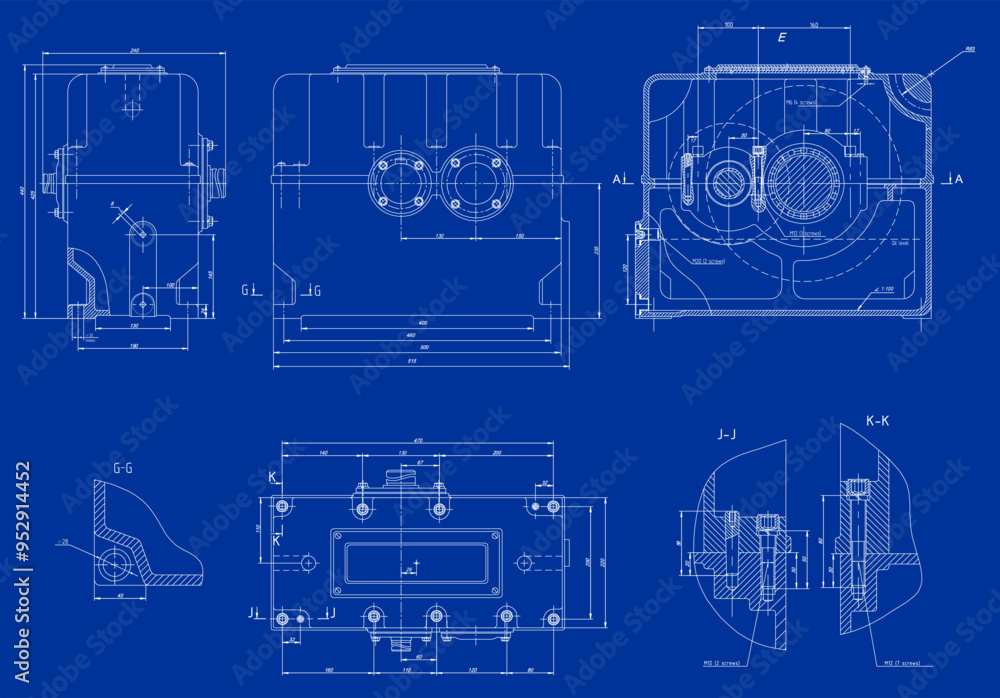Assembly drawing of reducer. Vector drawing of steel mechanical device ...