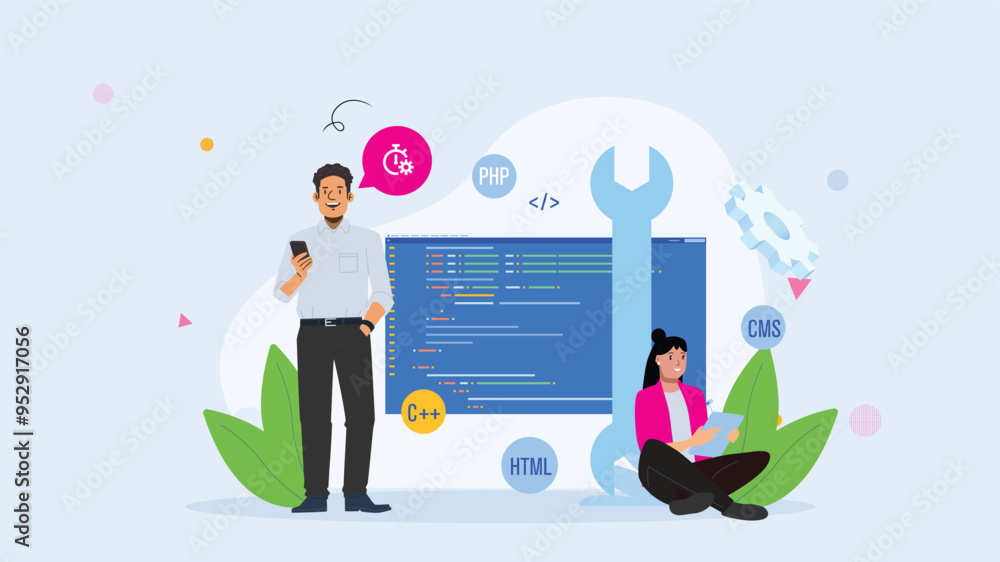 Flat vector illustration of a man holding a smartphone and a woman ...